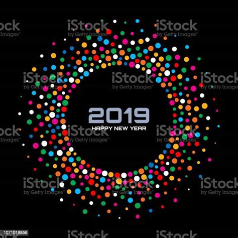 새 해 2019 카드 배경입니다 밝은 화려한 디스코 조명 하프톤 서클 프레임 블랙 배경에 고립 레인 보우 색상 점 텍스처를 사용