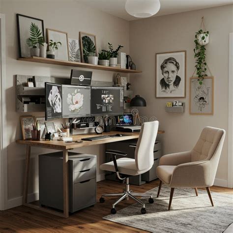 A Modern Home Office Setup Features A Wooden Desk With Multiple Monitors Displaying Digital