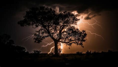 silhouette tree back lit by dramatic sky generated by ai stock