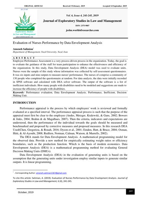 Pdf Evaluation Of Nurses Performance By Data Envelopment Analysis