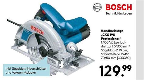 Handkreissäge „gks 190 Professional“ Bosch Angebot bei Hellweg