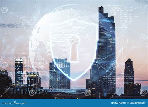 Creative Safety Hologram With Globe And Coding On Blurry Night City And