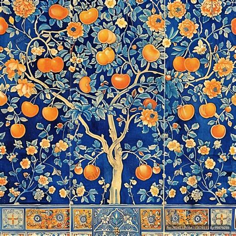 Ai创作图石榴花壁画 手绘橙树 柿树插画 无缝拼接水果手绘墙纸 爱马仕橙装饰画 黄金梨树插画 塞维利亚橙 果园苹果壁画 西班牙瓷砖 橘橙橘树