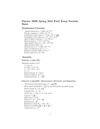 Physics 202h Spring 2010 Final Exam Formula Sheet