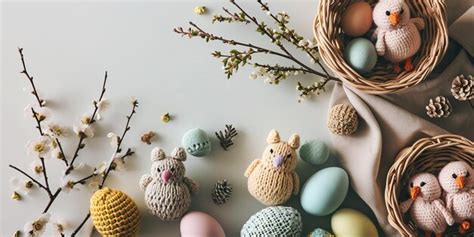 Premium Ai Image Cozy Easter Setup With Knitted Chicks And Pastel Eggs