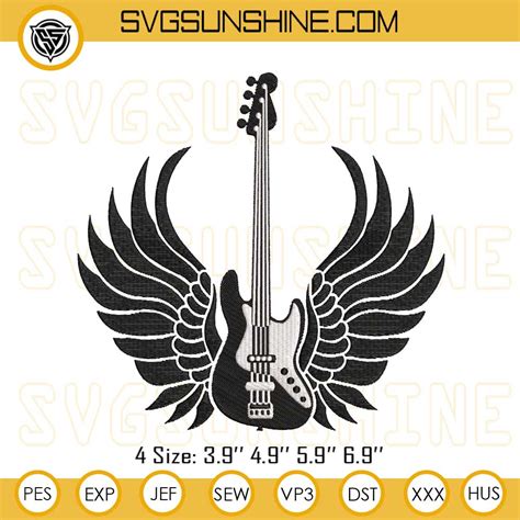 Electric Guitar Angel Wings Embroidery Designs Bass Guitar Embroidery