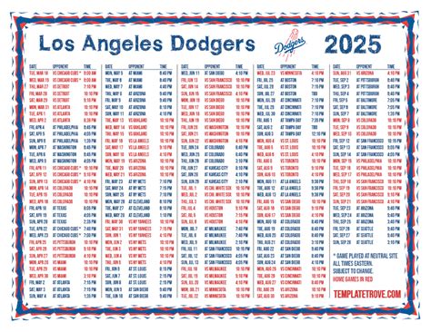 Printable 2025 Los Angeles Dodgers Schedule