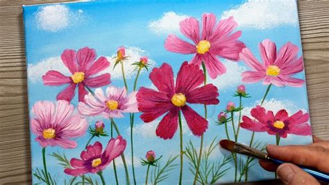 PINK COSMOS EASY ACRYLIC FLOWER PAINTING How To Step By Step For
