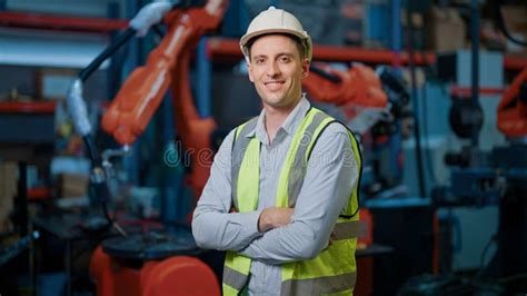 portrait of male engineer working with robotic arms in factory stock image image of control