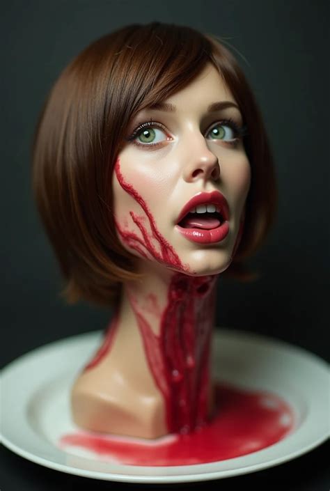 Decapitated Woman Head On A Plate With Short Smooth Brunette Hair