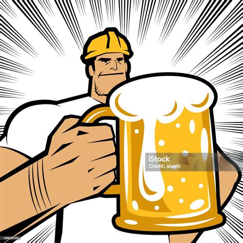 블루 칼라 노동자는 작업 헬멧을 착용하고 축하 토스트 만화 효과 라인 배경에 참여하기 위해 유리를 들어 올립니다 공사장 인부에