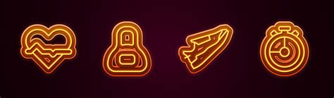 세트 라인 심박수 무게 피트니스 운동 화 신발 및 스톱 워치 빛나는 네온 아이콘입니다 벡터 건강 진단에 대한 스톡 벡터 아트 및 기타 이미지 Istock