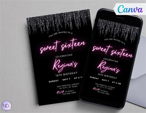 Editable Sweet 16 Party Invitation Pink Neon Lights 16th Birthday