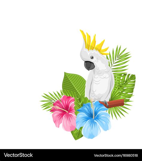 Parrot White Cockatoo With Colorful Exotic Flowers