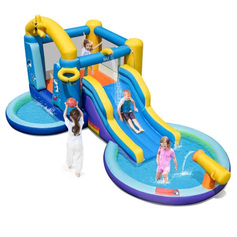 Inflatable Ocean Themed Bounce House With 680w Blower And 2 Pools Costway
