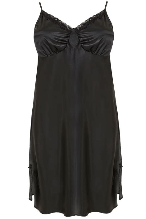Black Satin Midi Chemise With Lace Trim Plus Size 14 To 32