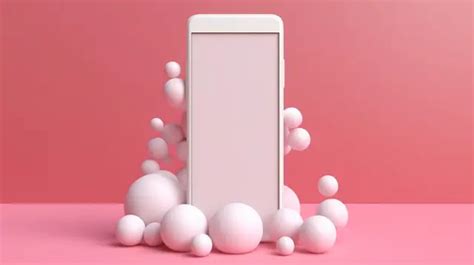 빈 흰색 화면이 있는 모형 전화를 특징으로 하는 구체가 있는 분홍색 배경의 3d 렌더링 스마트폰 3d 전화 3d 모바일
