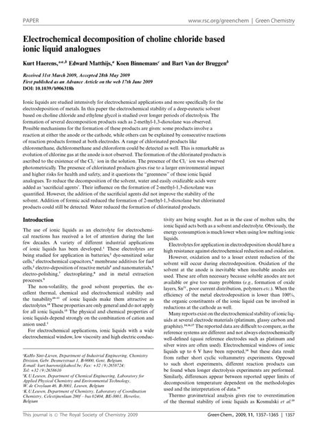 Pdf Electrochemical Decomposition Of Choline Chloride Based Ionic Liquid Analogues