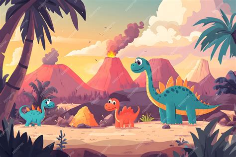 Prehistoric Landscape Featuring Cute Dinosaur Characters And Volcanoes
