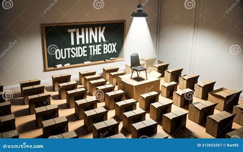 Classroom Of Conformity Spotlight On The Chair Outside The Think Outside The Box Cardboard