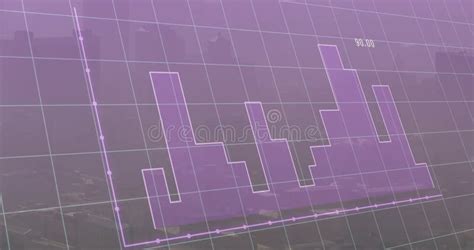 translucent purple bar chart climbing over hazy city skyline overlapping with line graph
