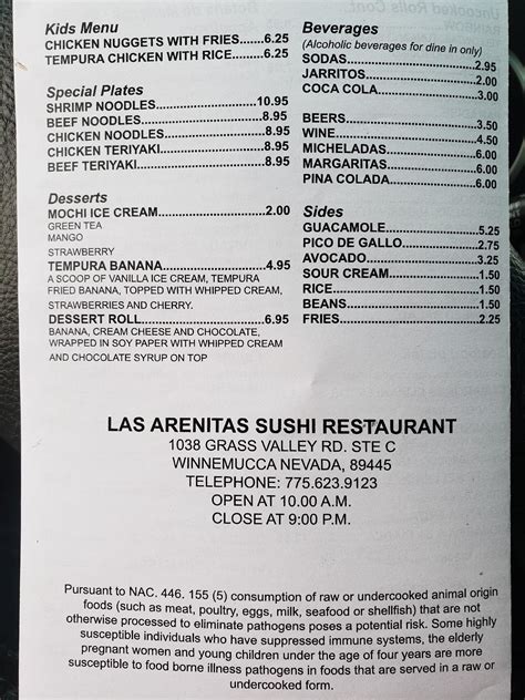 Menu At Las Arenitas Sushi Restaurant Winnemucca