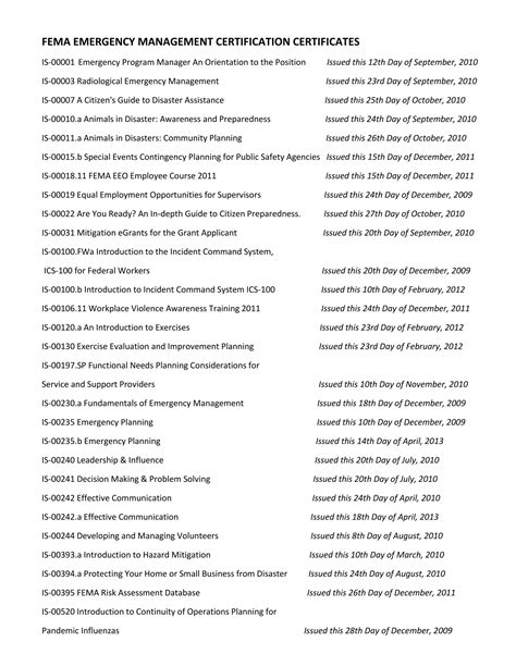 Fema Emergency Management Certification Certificates List Pdf