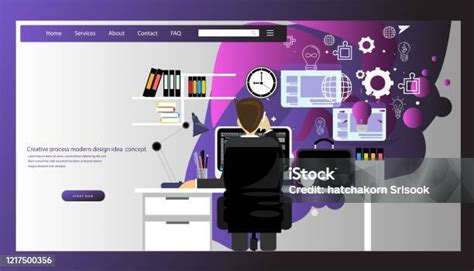 컴퓨터 모니터를보고 젊은 사업가 일러스트 크리에이티브 프로세스 현대 디자인 아이디어 개념 벡터 인포 그래픽 템플릿 3차원 형태에 대한 스톡 벡터 아트 및 기타 이미지