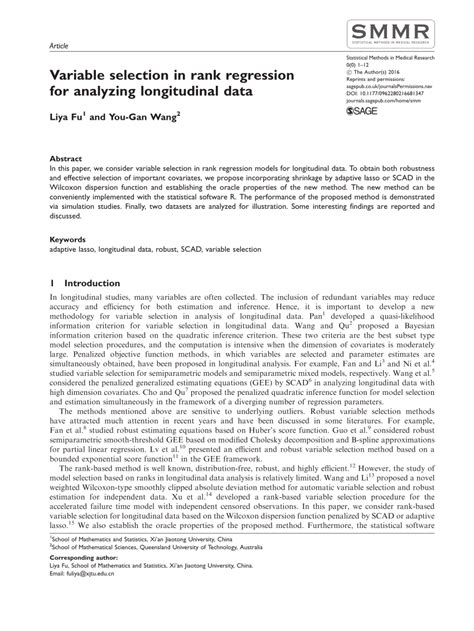 Pdf Variable Selection In Rank Regression For Analyzing Longitudinal Data