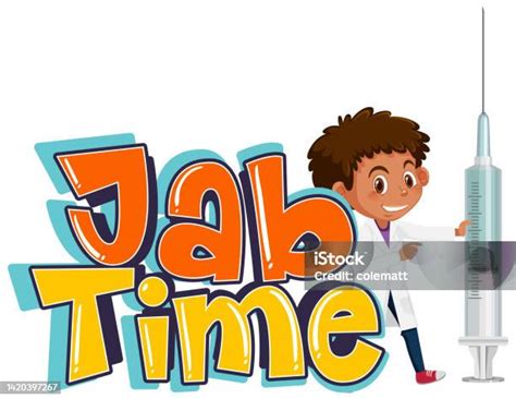 Jab Time 글꼴 로고가 있는 백신 주사기를 들고 있는 의사 건강관리와 의술에 대한 스톡 벡터 아트 및 기타 이미지 건강
