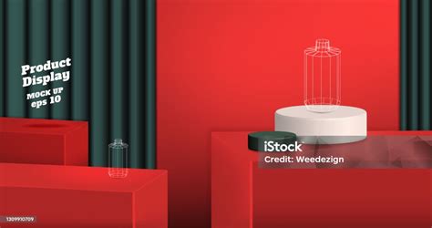 벡터 3d 제품 디스플레이 배경 짙은 녹색 커튼배너와 빨간색 색 블록 스튜디오 키오스크 광고용 제품 표시를 위한 복사 공간 배경 주제에 대한 스톡 벡터 아트 및 기타 이미지