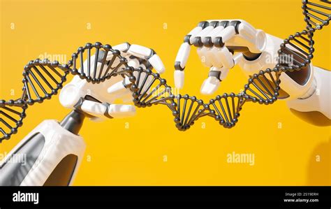 Robotic Hands Manipulating Dna Strand Genetic Engineering Bright Yellow Background High