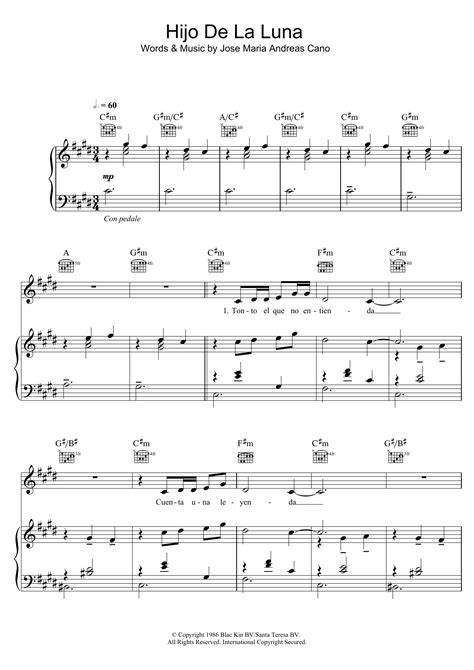 Hijo De La Luna By Mecano Sheet Music For Piano Vocal Guitar Chords