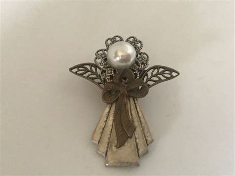 Vintage Angel Lapel Pin Pressed Gold And Silver Tone Faux Pearl Costume