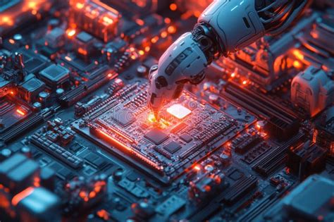 high tech robotic arm installing processors onto a glowing circuit