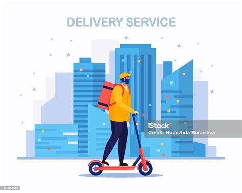 킥 스쿠터에 의해 무료 빠른 배달 서비스 택배는 음식 주문을 제공합니다 남자는 소포와 함께 도시 를 여행 익스프레스 배송 벡터 일러스트레이션 개념에 대한 스톡 벡터 아트 및