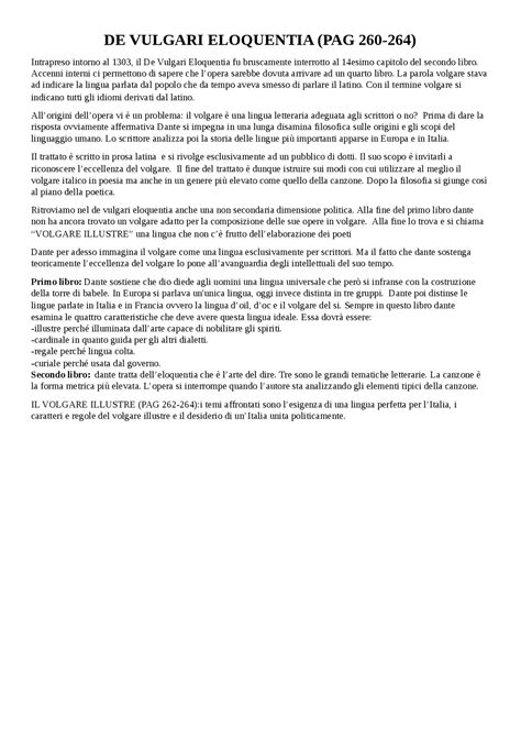 Riassunto De Vulgari Eloquentia Dante Docsity