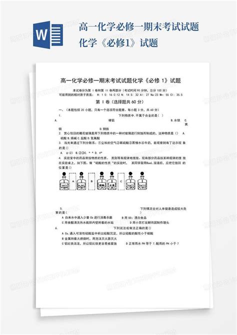 高一化学必修一期末考试试题化学必修1试题Word模板下载 编号ldykowbk 熊猫办公