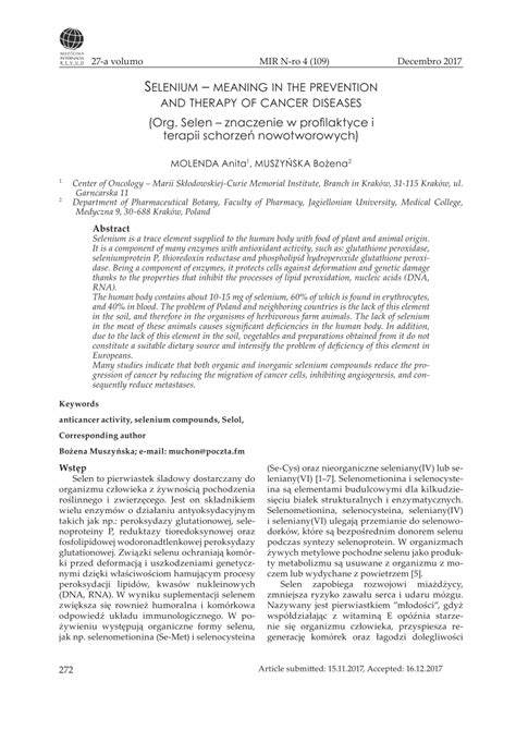 Pdf Selenium Meaning In A Prevention And Therapy Of Cancer Diseases