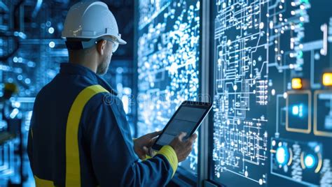 Engineer Monitoring Modern Industrial Machinery Using A Tablet Stock Illustration Illustration