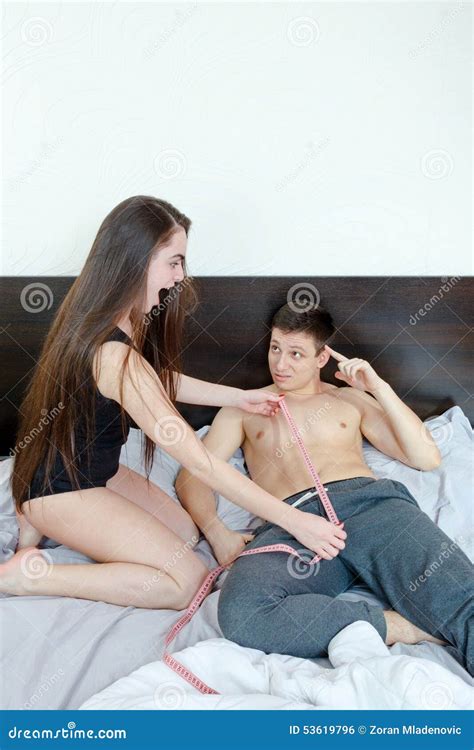 Surprised Woman Measuring Man S Penis Length Stock Photo Image Of Analyzing Issue