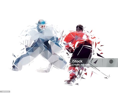 아이스하키 페널티킥 골키퍼와 공격수 삼각형에서 분리된 낮은 폴리 기하학적 벡터 그림 정면도 겨울 팀 스포츠 하키 선수에 대한