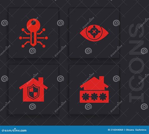 Set House With Password Smart Key Eye Scan And Under Protection Icon Vector Stock Vector