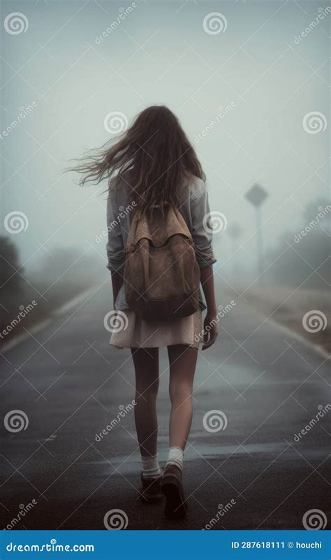 Fashion Teen Girl With Cloth Backpack And Long Brown Hair Blowing In