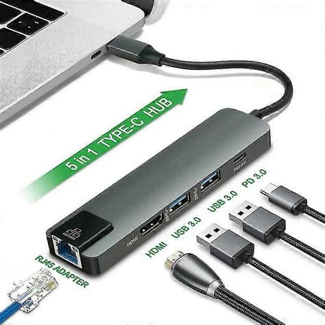 Adaptador De Concentrador Usb Tipo C 5 En 1 Con Carga De Red Ethernet