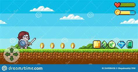Pixel Art Game Scene With Ground Grass Trees Sky Clouds Character