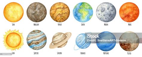 태양계의 수채화 행성 우주 행성 머큐리 금성 지구 화성 목성 천왕성 해왕성 명왕성과 태양 손 흰색 배경에 우리의 은하 천문학 교육 자료 행성에 대한 스톡 벡터 아트 및 기타