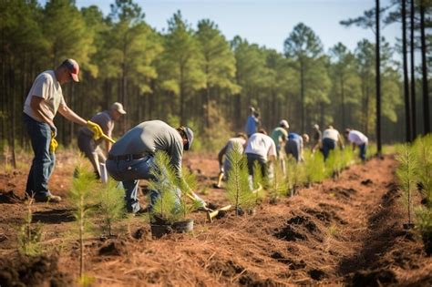 Premium Ai Image Volunteers Planting Pines In Forest Conservation Efforts
