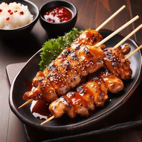 Premium Ai Image Delicious Yakitori Grilled Chicken Skewers With Sauces