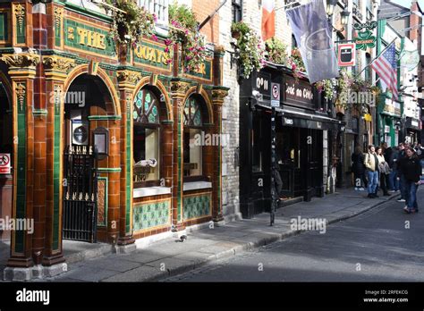 View Of A Street Full Of Traditional Irish Pubs In Temple Bar District